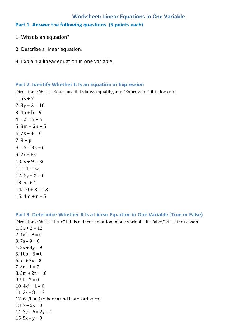 Solved: Worksheet: Linear Equations in One Variable Part 1. Answer the ...