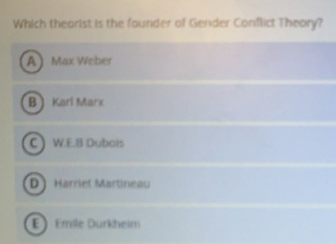 Solved: Which thearist is the founder of Gender Conflict Theory? A Max ...