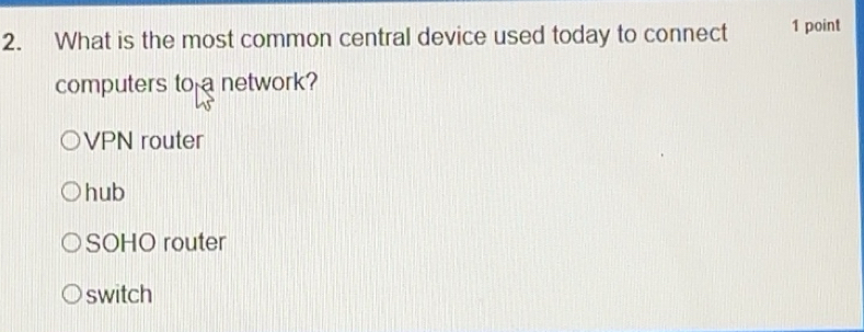 Solved: What is the most common central device used today to connect 1 ...