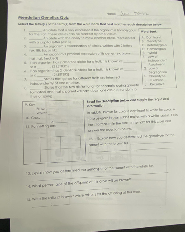 Solved: Name Mendelian Genetics Quiz _ Select the letter(s) of the term ...
