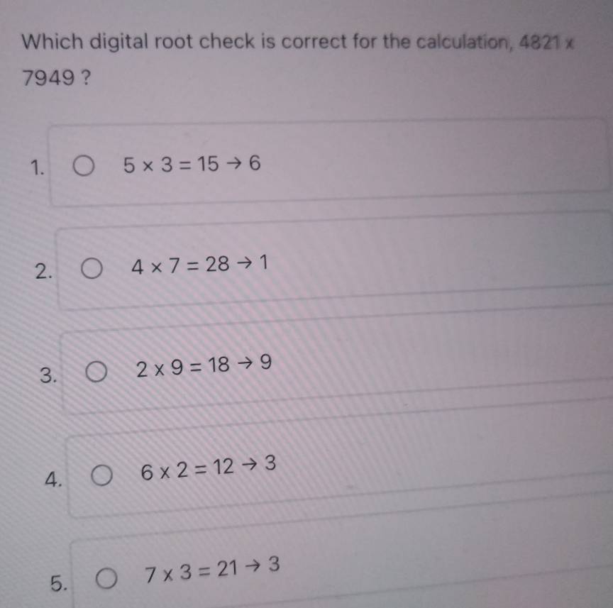 Solved: Which digital root check is correct for the calculation, . 4821 ...