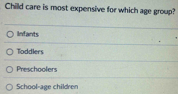 Solved: Child care is most expensive for which age group? Infants ...