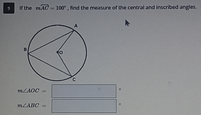 Solved: If the mwidehat AC=100° , find the measure of the central and ...