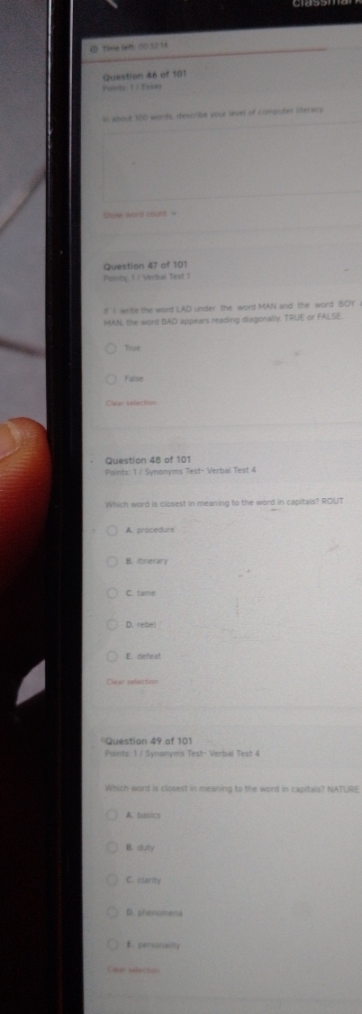 Solved: ① Time left. (5 52:14 Question 46 of 101 Pounts: 1 / Exsay In ...