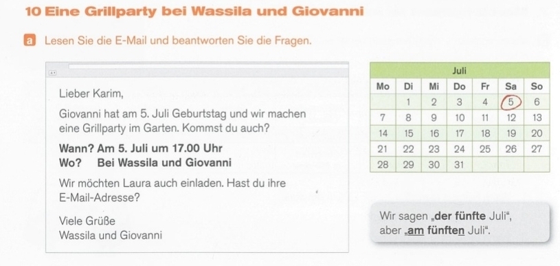 Solved: Eine Grillparty bei Wassila und Giovanni Lesen Sie die E-Mail ...