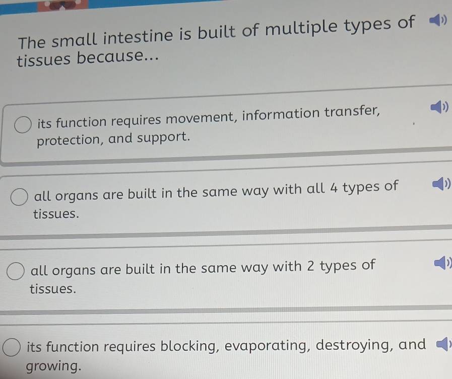 Solved: The small intestine is built of multiple types of tissues ...