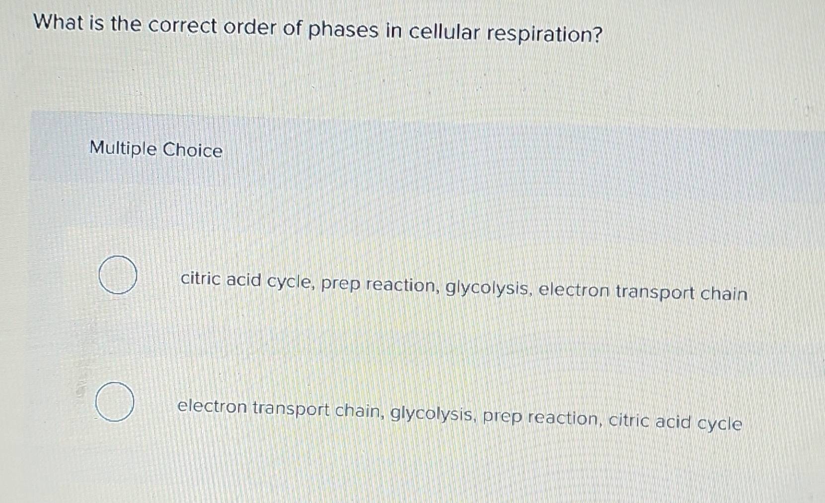 Solved: What is the correct order of phases in cellular respiration ...