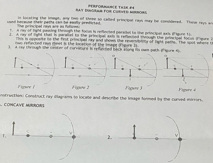 Solved: PERFORMANCE TASK #4 RAY DIAGRAM FOR CURVED MIRRORS In locating ...