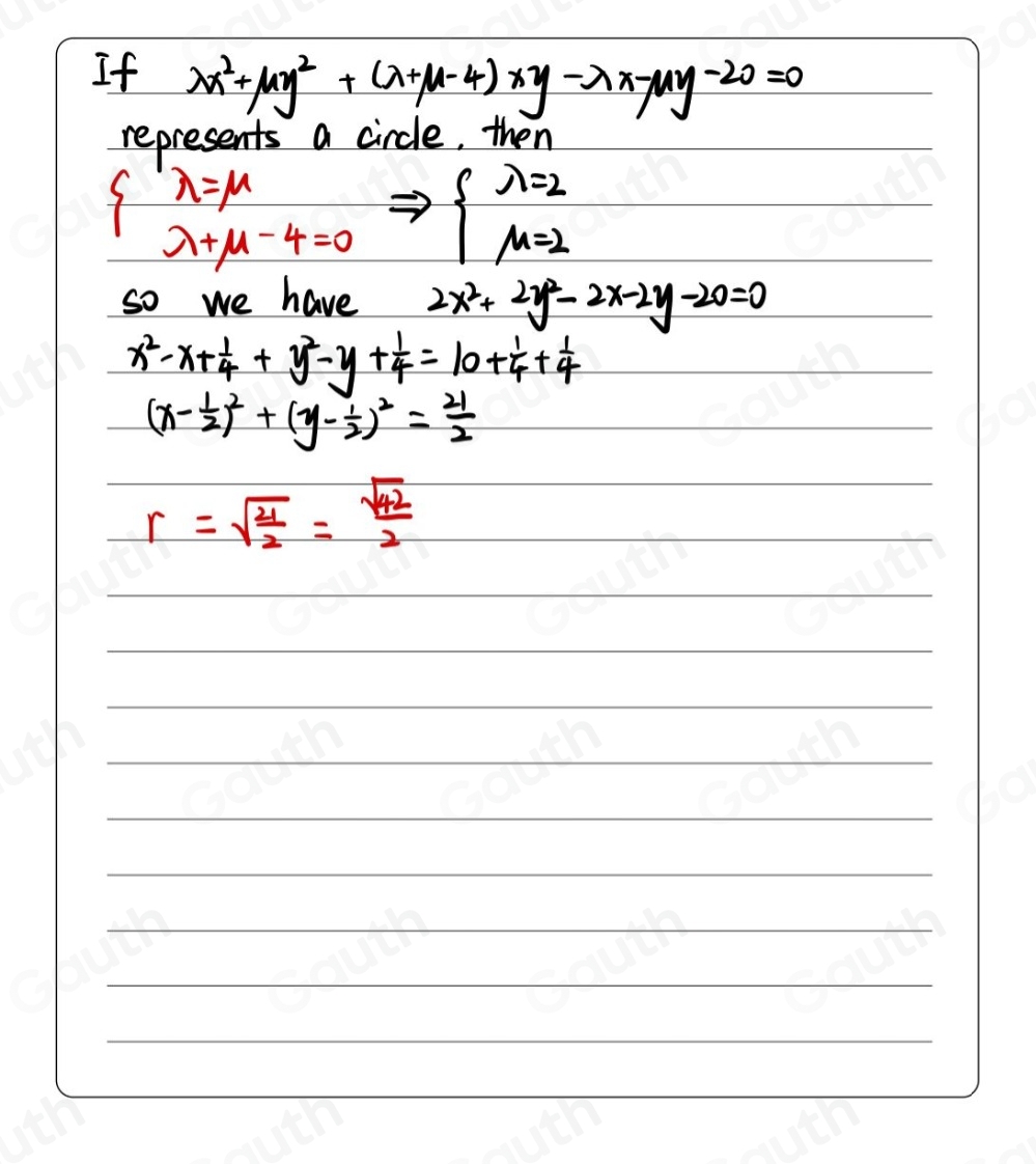 Solved: 1 'lambda x^2+mu y^2+(lambda +mu -4)xy-lambda x-mu y-20=0 ...