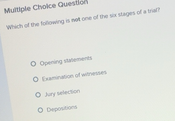Solved: Question Which of the following is not one of the six stages of ...