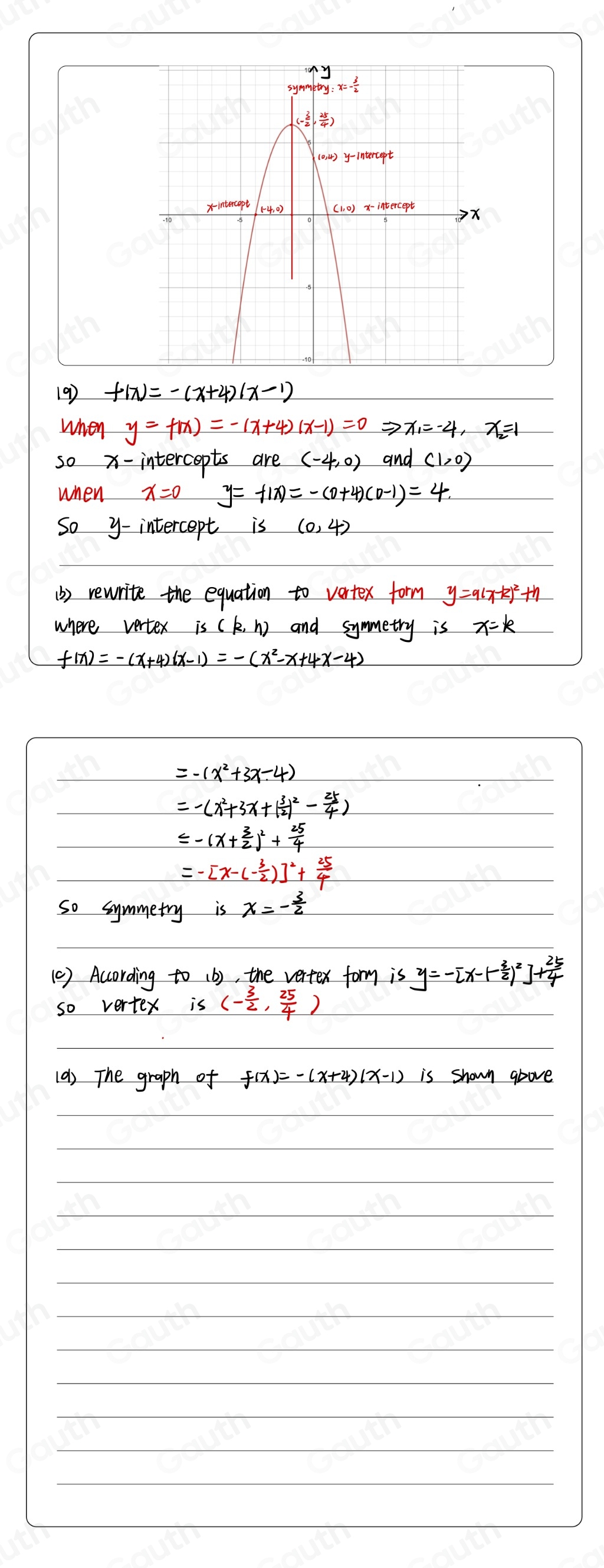 Solved: Consider the quadratic function. f(x)=-(x+4)(x-1) (a) What are the x-intercepts and y ...