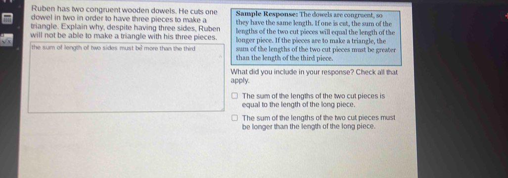Solved: Ruben has two congruent wooden dowels. He cuts one Sample Response: The dowels are ...