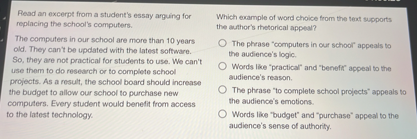 Solved: Read an excerpt from a student's essay arguing for Which ...