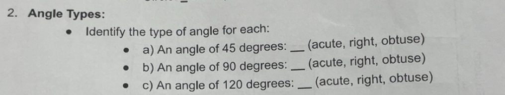 Solved: Angle Types: Identify the type of angle for each: a) An angle ...