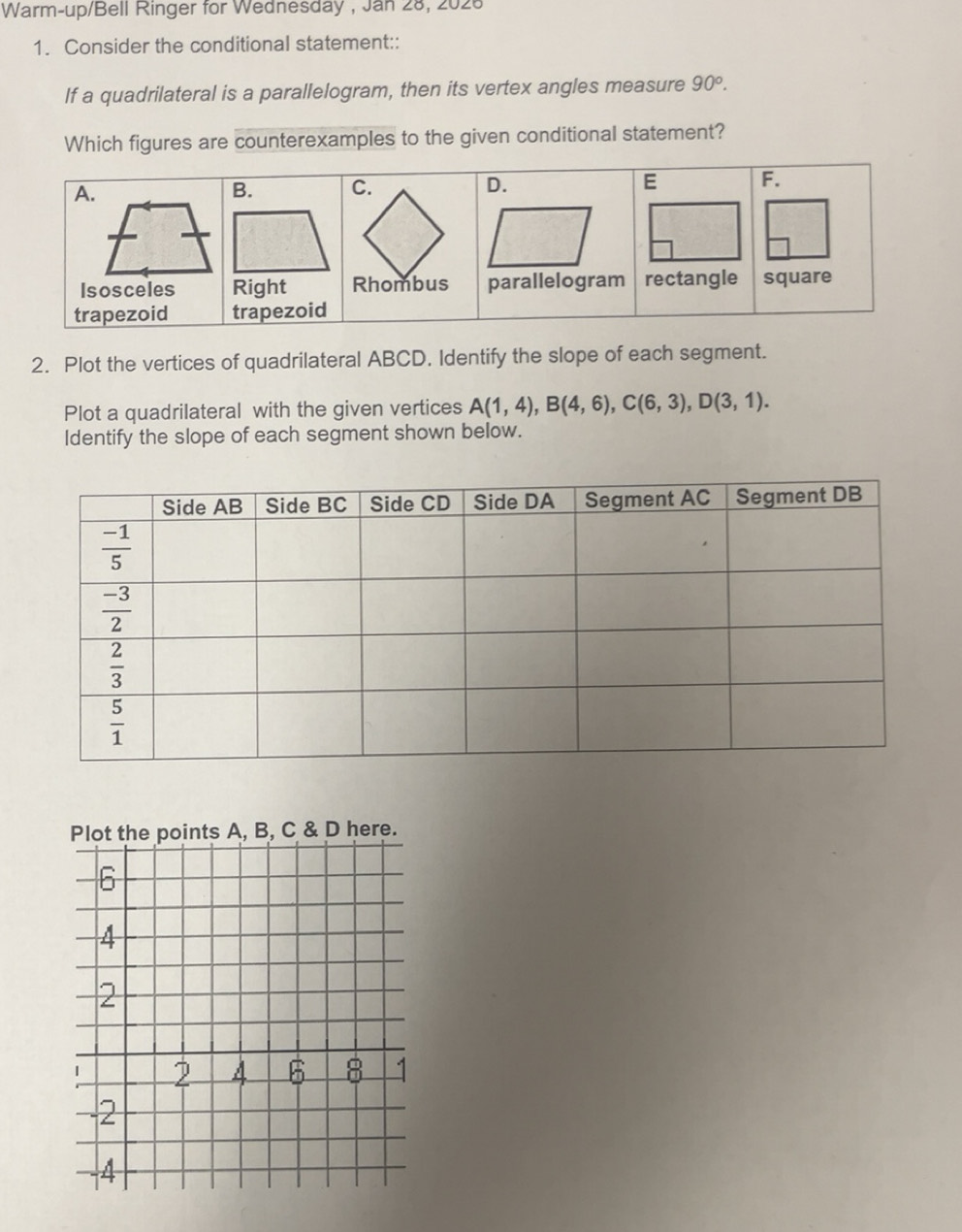 Solved: Warm-up/Bell Ringer for Wednesday , Jan 28, 2026 1. Consider ...