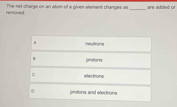 Solved: The net charge on an atom of a given element changes as _are ...