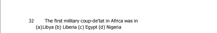 Solved: The first military coup-de'tat in Africa was in (a)Libya (b ...