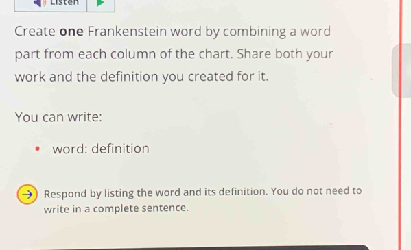 Solved: Listen Create one Frankenstein word by combining a word part ...