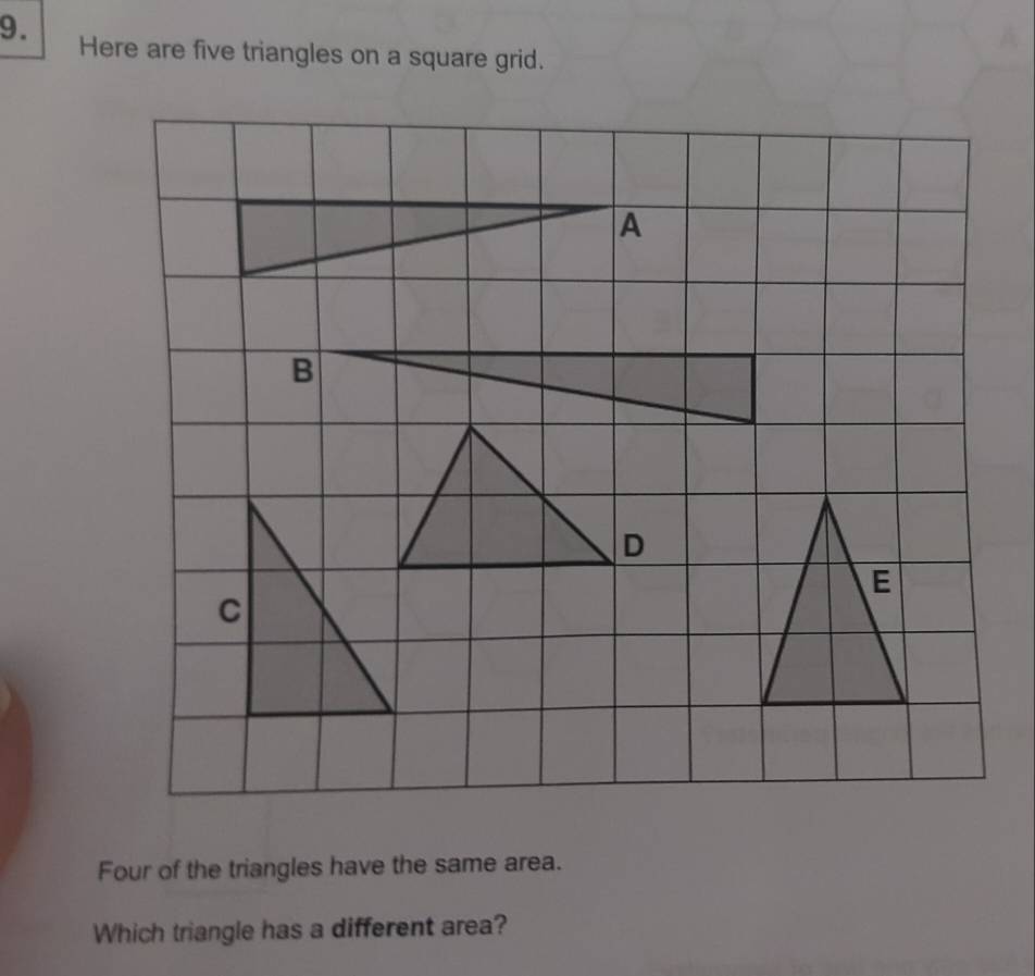Solved: Here are five triangles on a square grid. A D Four of the ...