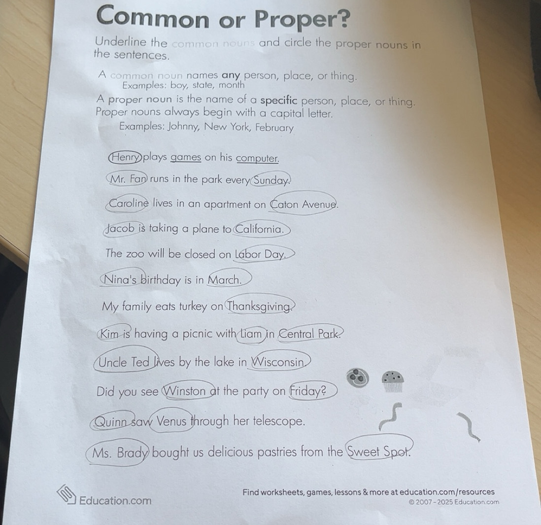 Solved: Common or Proper? Underline the common nouns and circle the ...