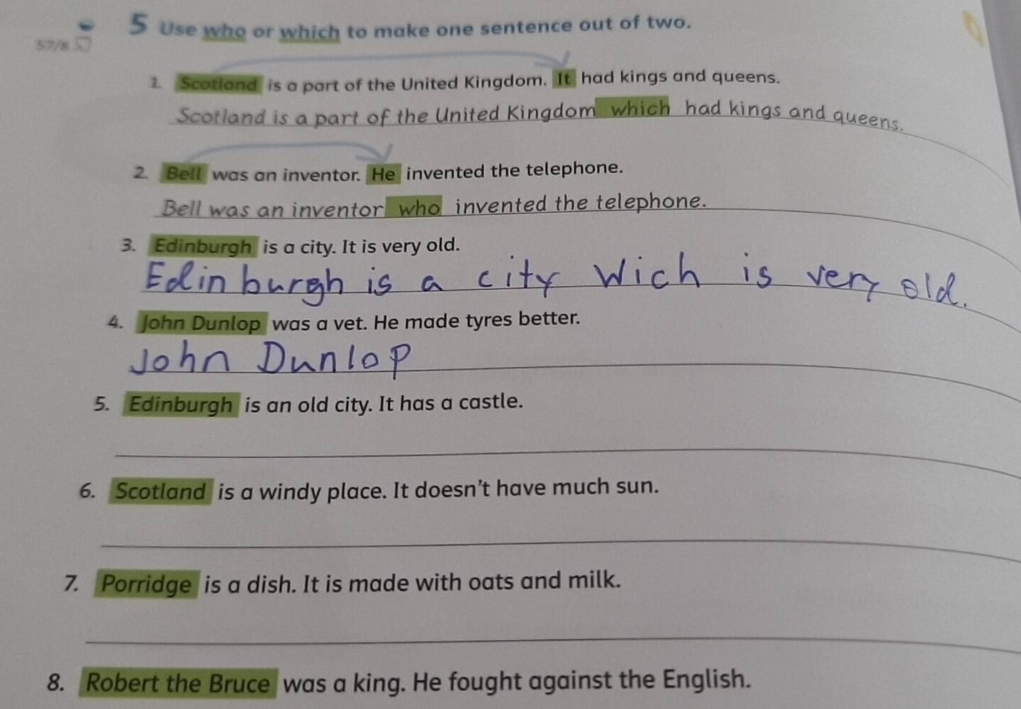 Gelöst:Use who or which to make one sentence out of two. 57/8.5 ...