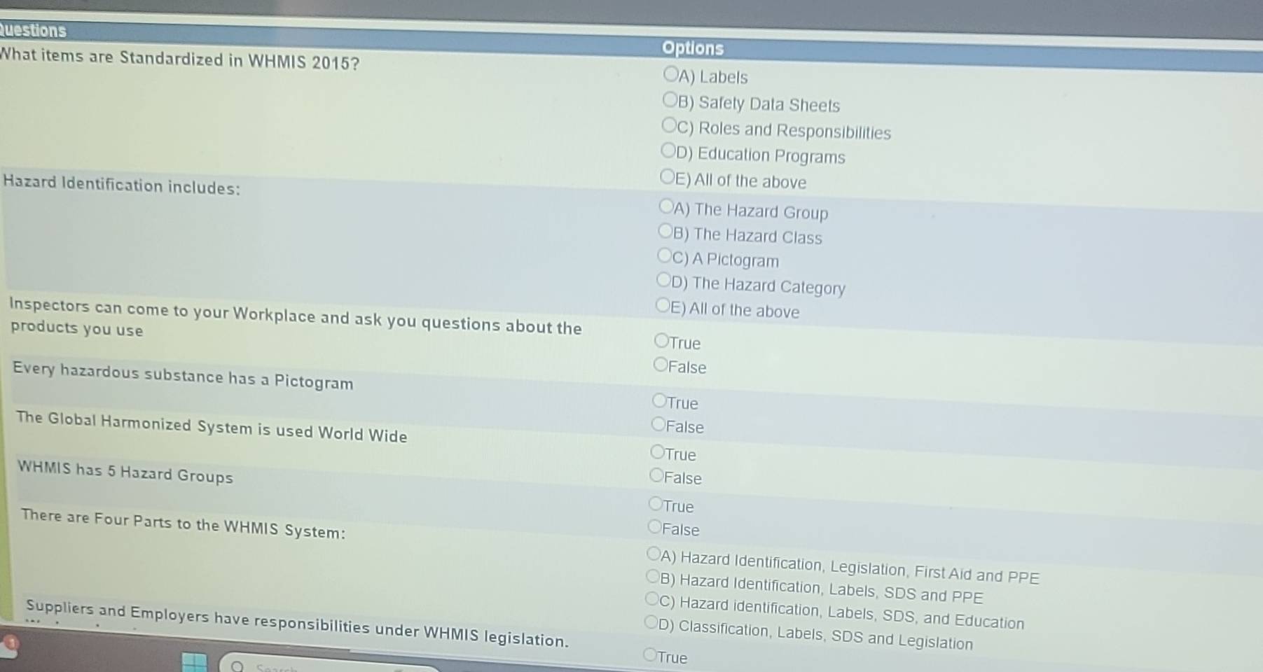 Solved: Questions Options What items are Standardized in WHMIS 2015? A ...