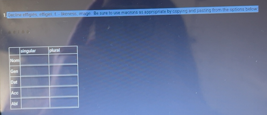 Solved: Te Decline effigies, effigiei, f. - likeness, image. Be sure to ...