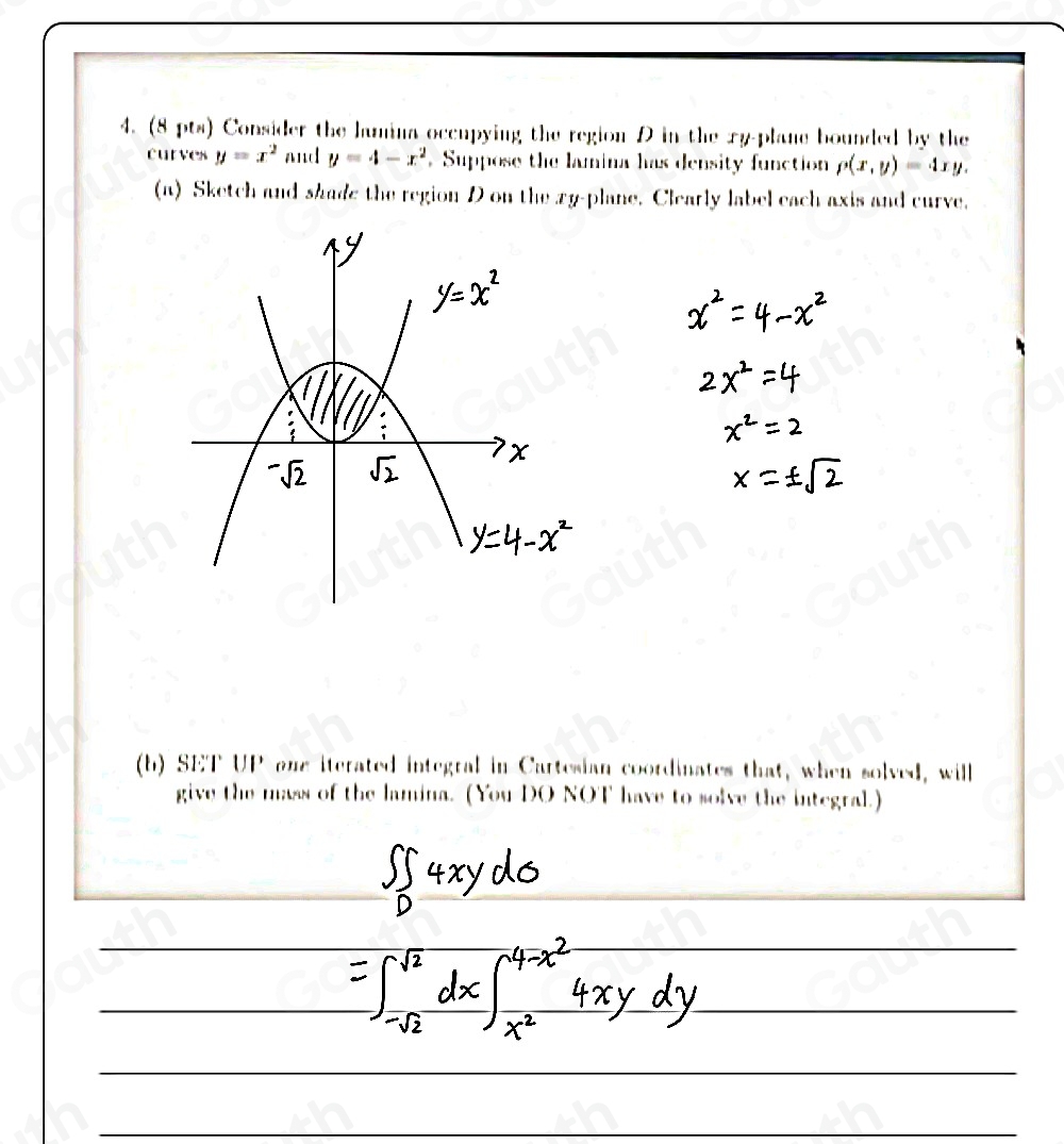 Solved: Consider the lamina occupying the region D in the xy -plane bounded by the curves y=x^2 ...