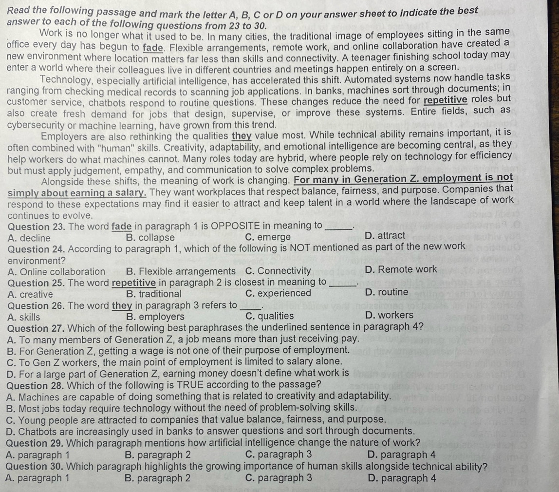 Giải quyết:Read the following passage and mark the letter A. B. C or D ...