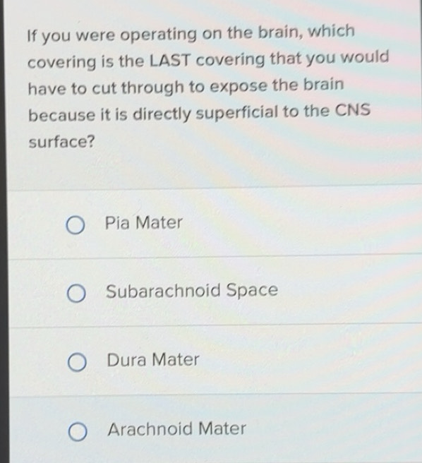Solved: If you were operating on the brain, which covering is the LAST ...