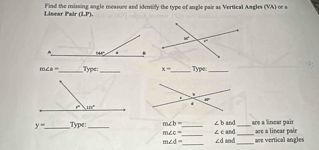 Solved: Find the missing angle measure and identify the type of angle ...
