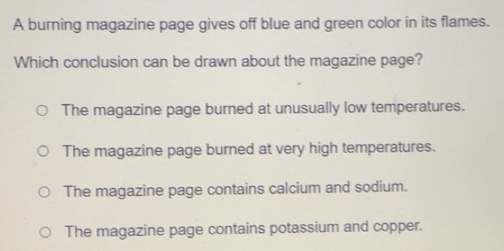 Solved: A burning magazine page gives off blue and green color in its ...