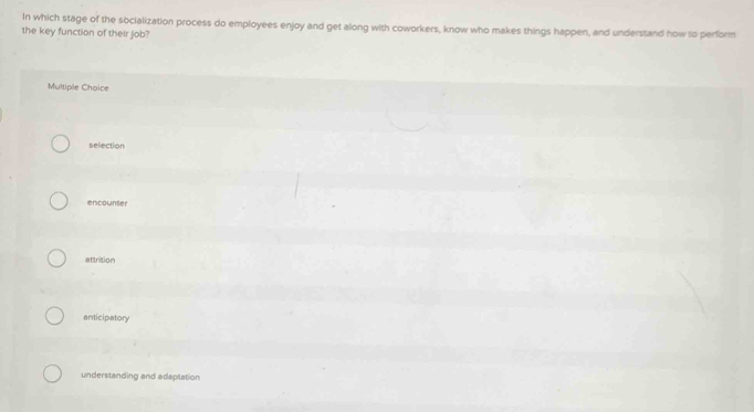 Solved: In which stage of the socialization process do employees enjoy ...