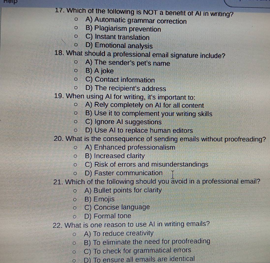 Solved: Help 17. Which of the following is NOT a benefit of Al in ...