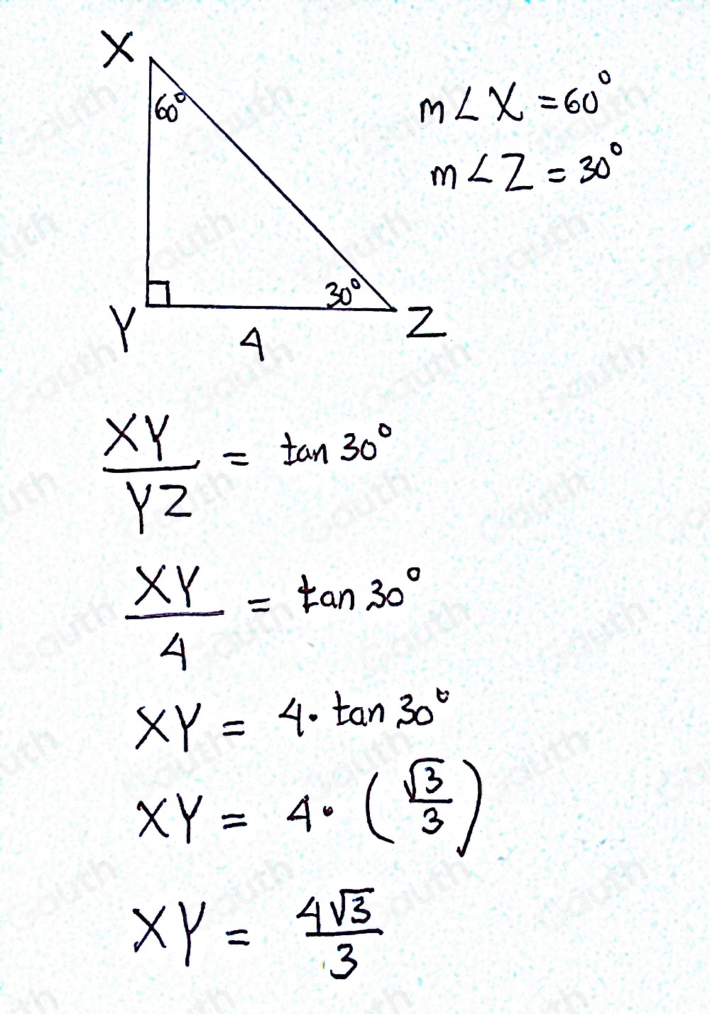Solved: In right triangle XYZ, ∠ Y is the right angle and m∠ X=60°. If ...