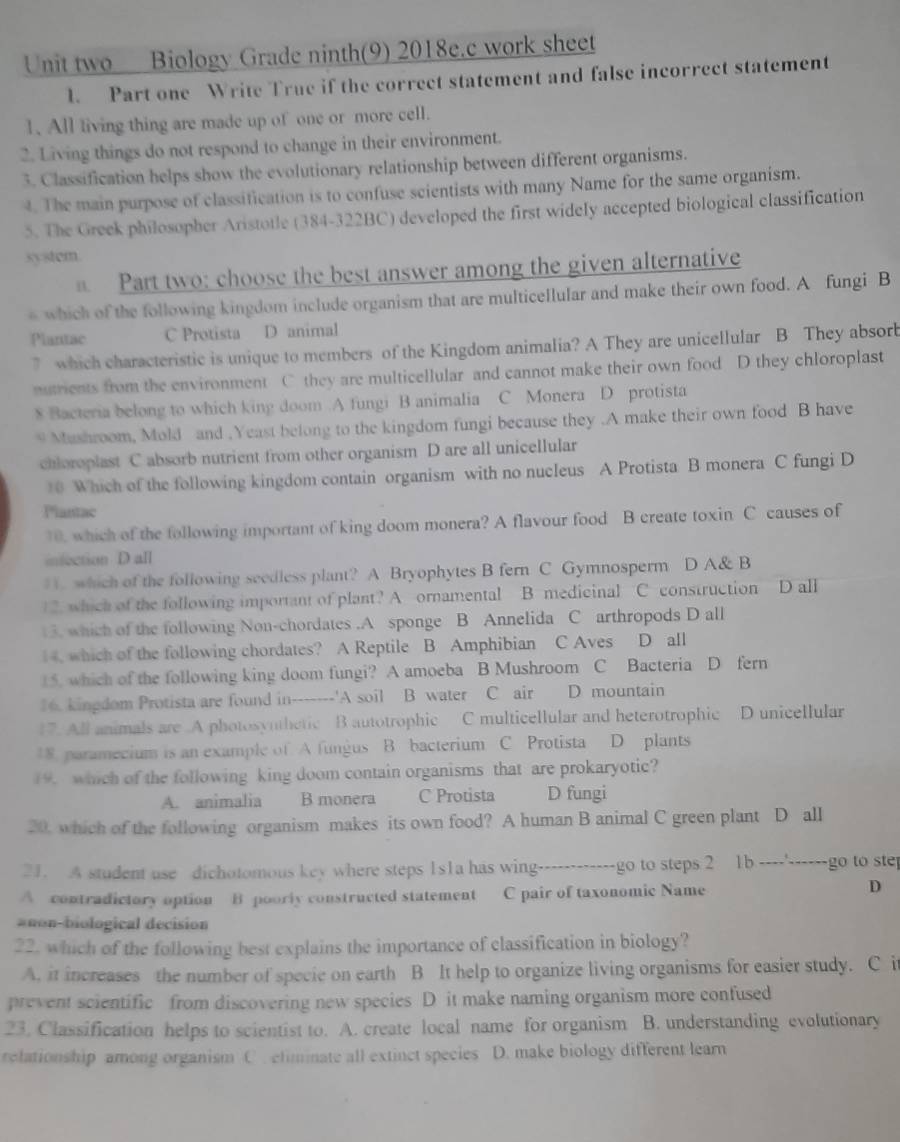 Résolu :Unit two Biology Grade ninth(9) 2018e.c work sheet 1. Part one ...