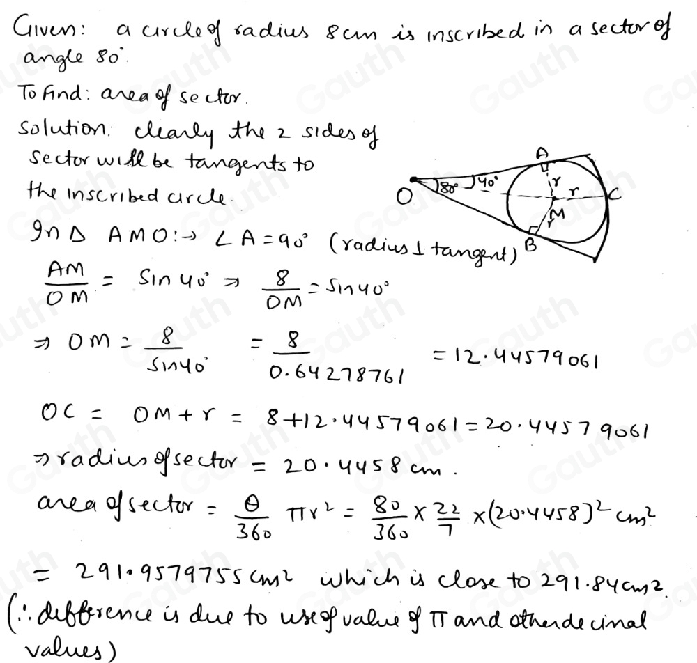 Solved: A circle of radius 8 cm is inscribed in a sector having a ...
