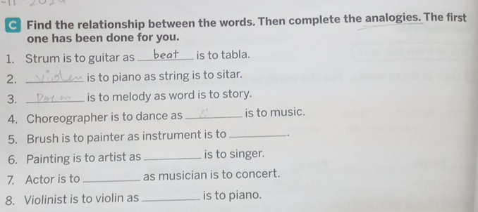 Solved: Find the relationship between the words. Then complete the ...