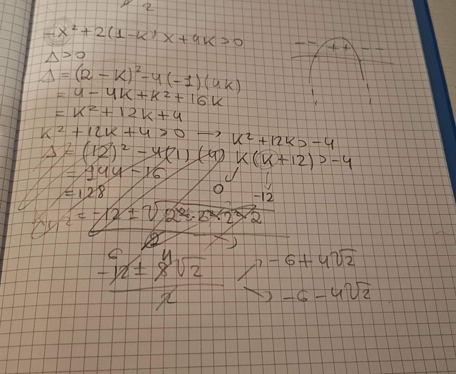 Risolto:2 -x^2+2(1-k)x+9k>0 Delta >0 Delta =(2-k)^2-4(-1)(4k) =4-4k+k^2 ...