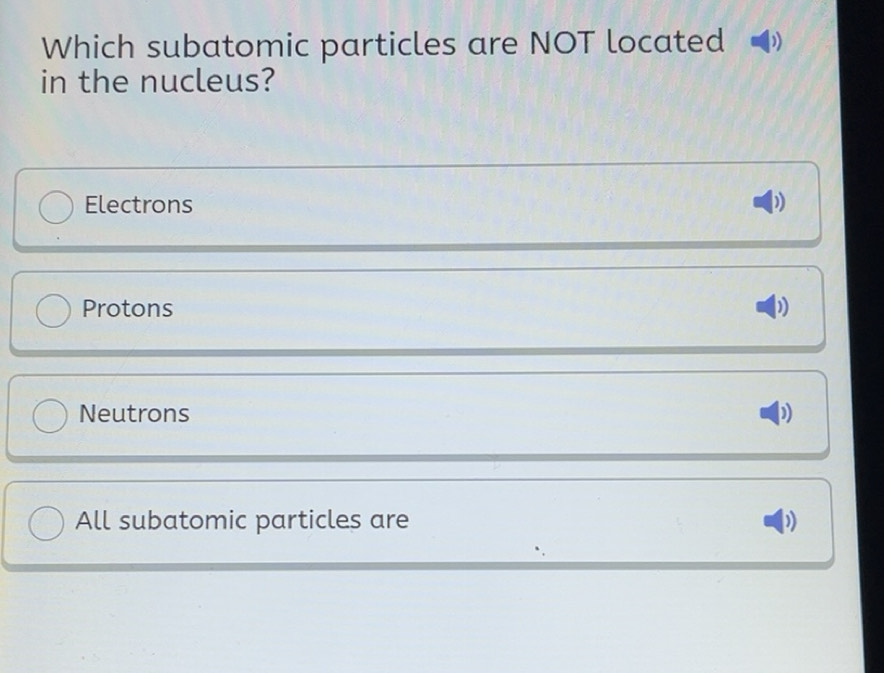 Solved: Which subatomic particles are NOT located ) in the nucleus ...