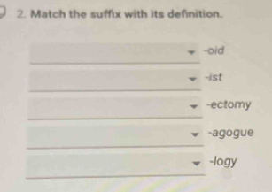 Solved: Match the suffix with its definition. -oid _ -ist _ _ -ectomy ...