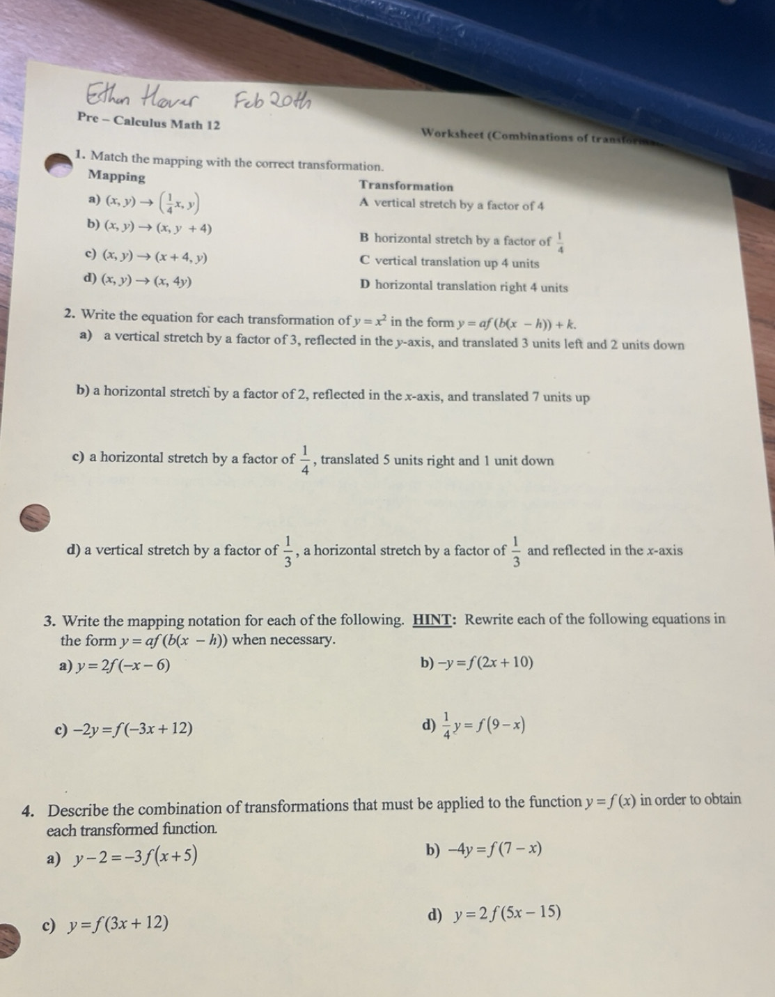 Solved: Pre - Calculus Math 12 Worksheet (Combinations of transtor) 1 ...