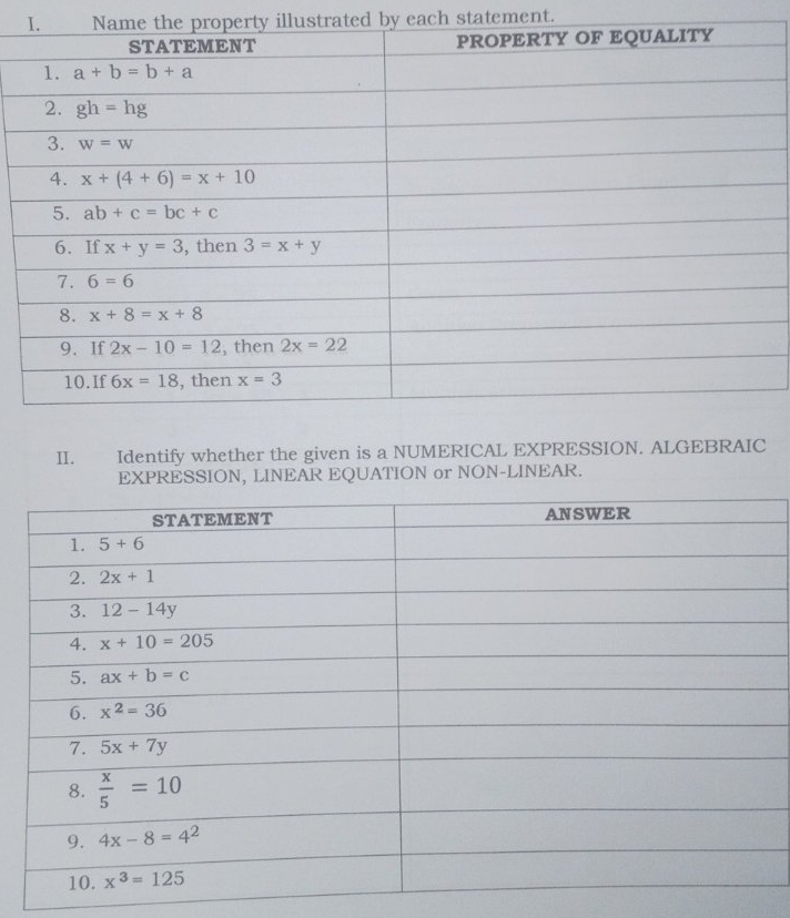 Solved: Name the property illustrated by each statement. II. Identify ...