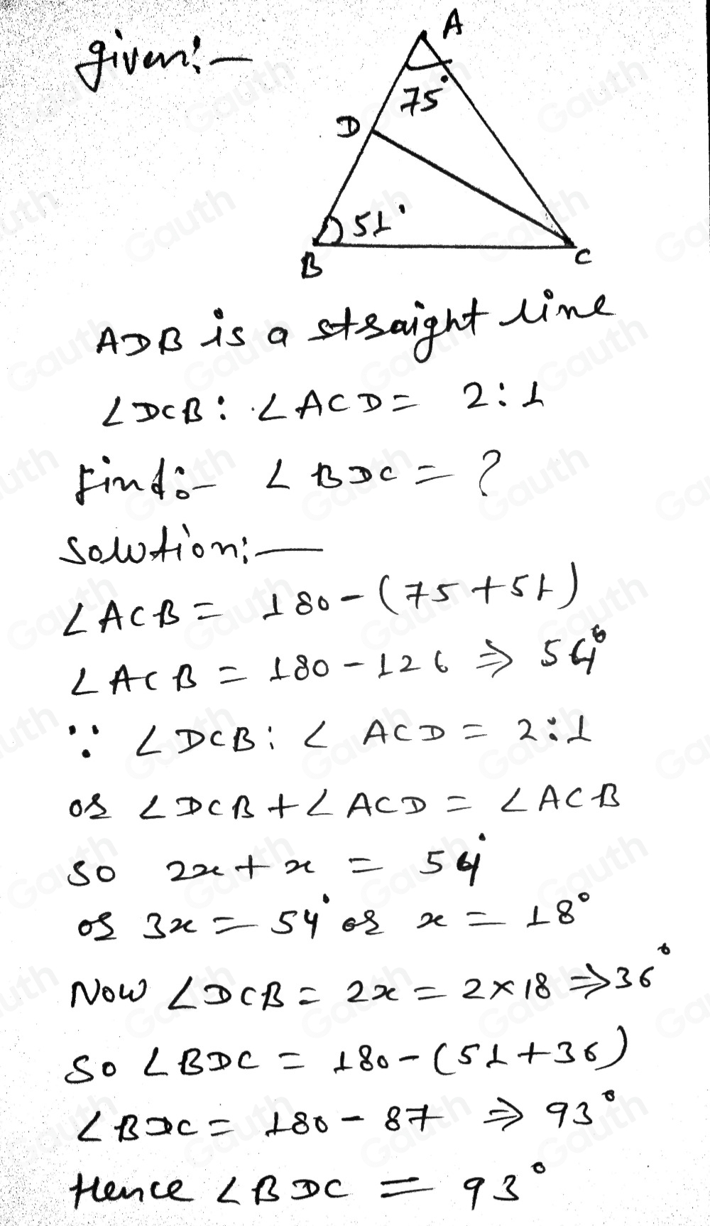Solved: The diagram shows triangle ABC. ) ADB is a straight line. the ...