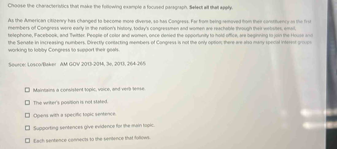 Solved: Choose the characteristics that make the following example a ...