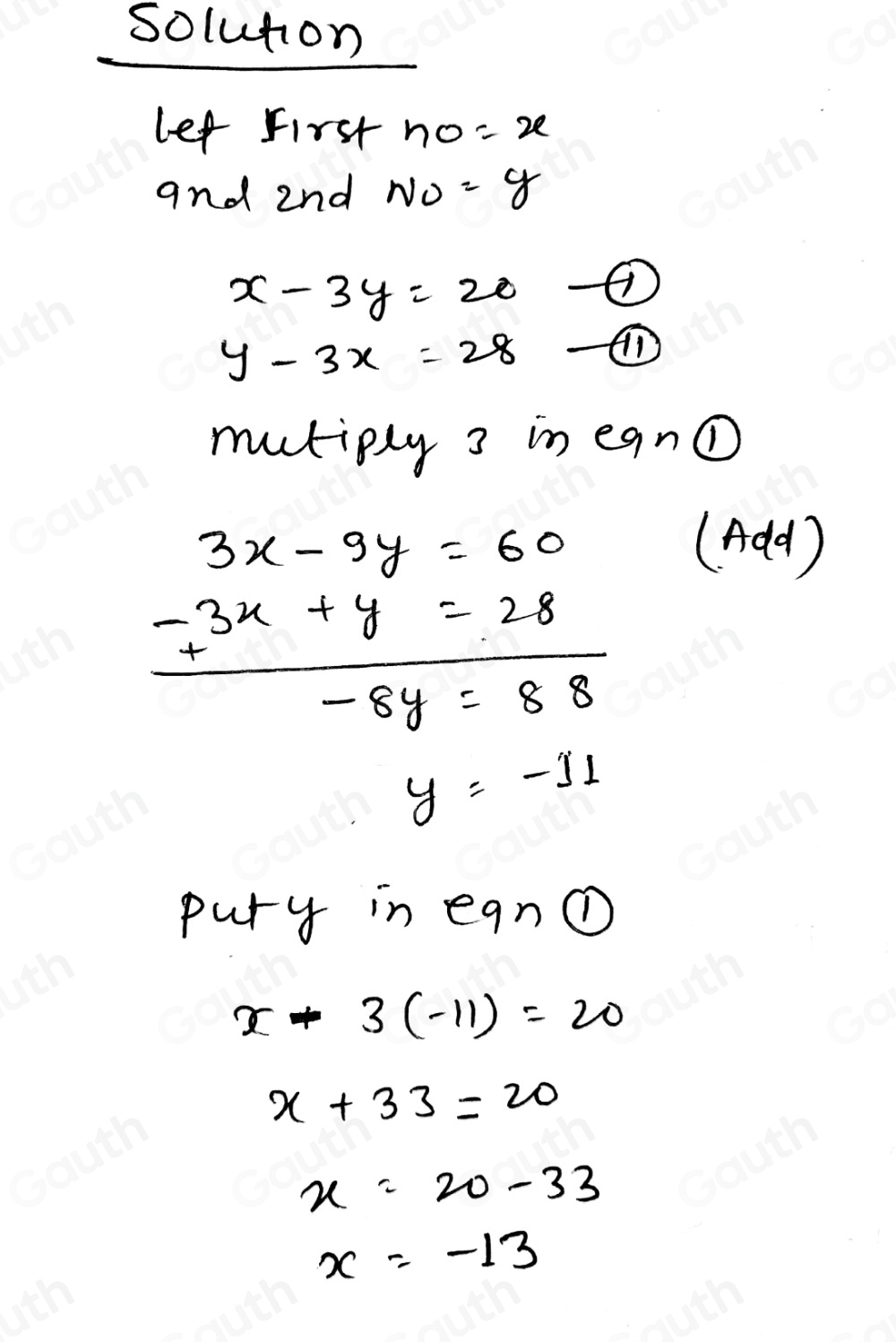 Solved: When the first of two numbers is subtracted to thrice the ...