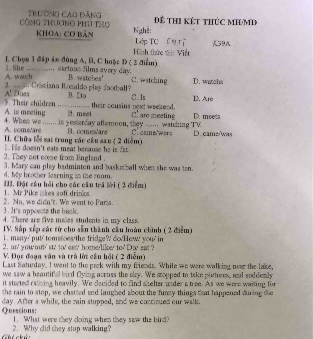 Giải quyết:TRườNG CAO ĐỒNG CÔNG THươNG PHÚ THọ ĐÊ THI KÉT THÚC MH/MĐ ...