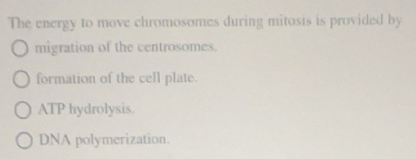 Solved: The energy to move chromosomes during mitosis is provided by ...