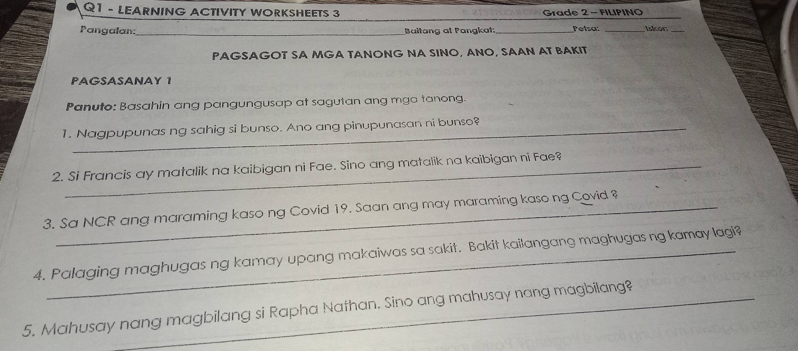 Solved: LEARNING ACTIVITY WORKSHEETS 3 Grade 2 - FILIPINO Pangalan ...