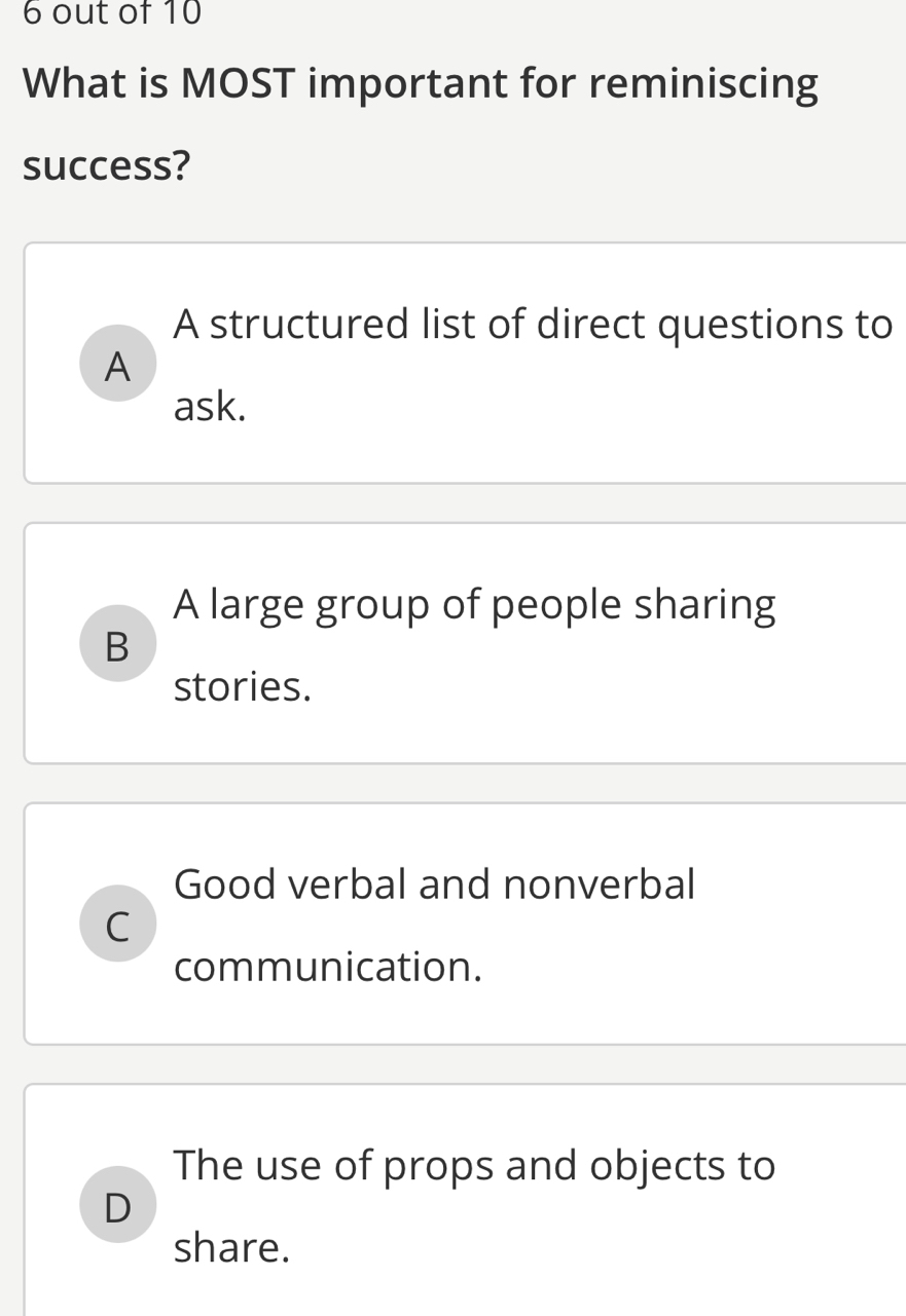 Solved: out of 10 What is MOST important for reminiscing success? A ...